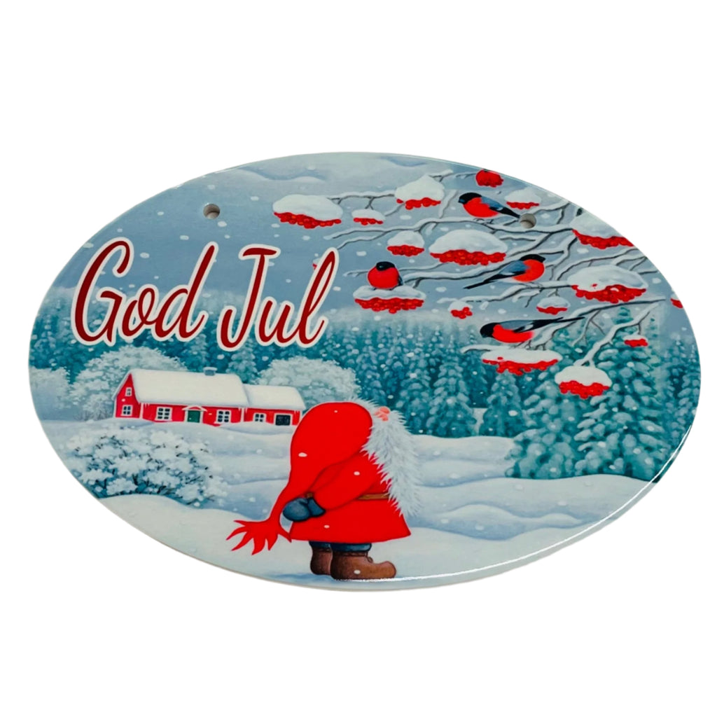 Oval Ceramic Sign - Eva Melhuish God Jul Tomte with birds – Gift Chalet