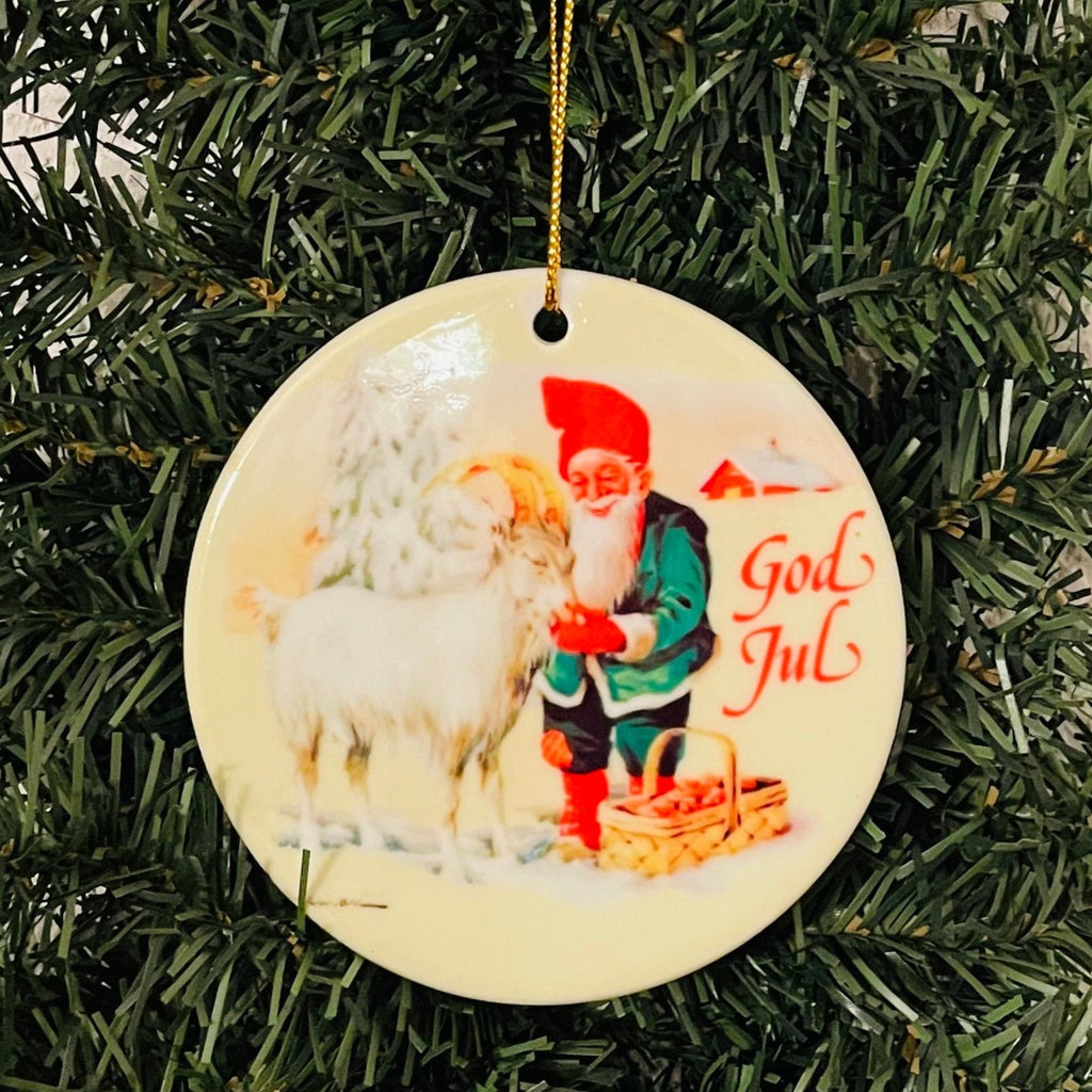 Large Ceramic Ornament, Gnome Tomte with Goat – Gift Chalet