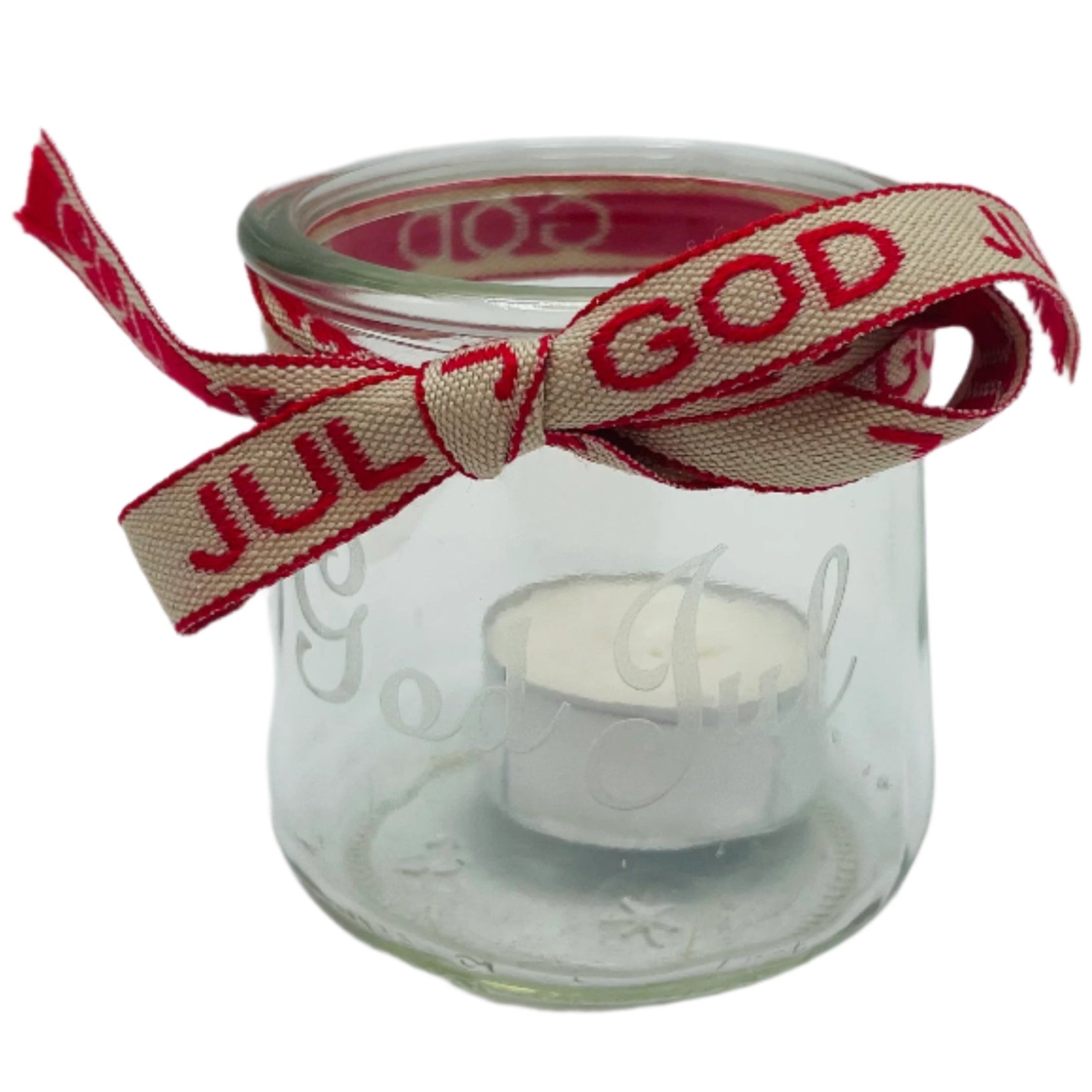 God Jul Glass Votive with Swedish Ribbon – Gift Chalet