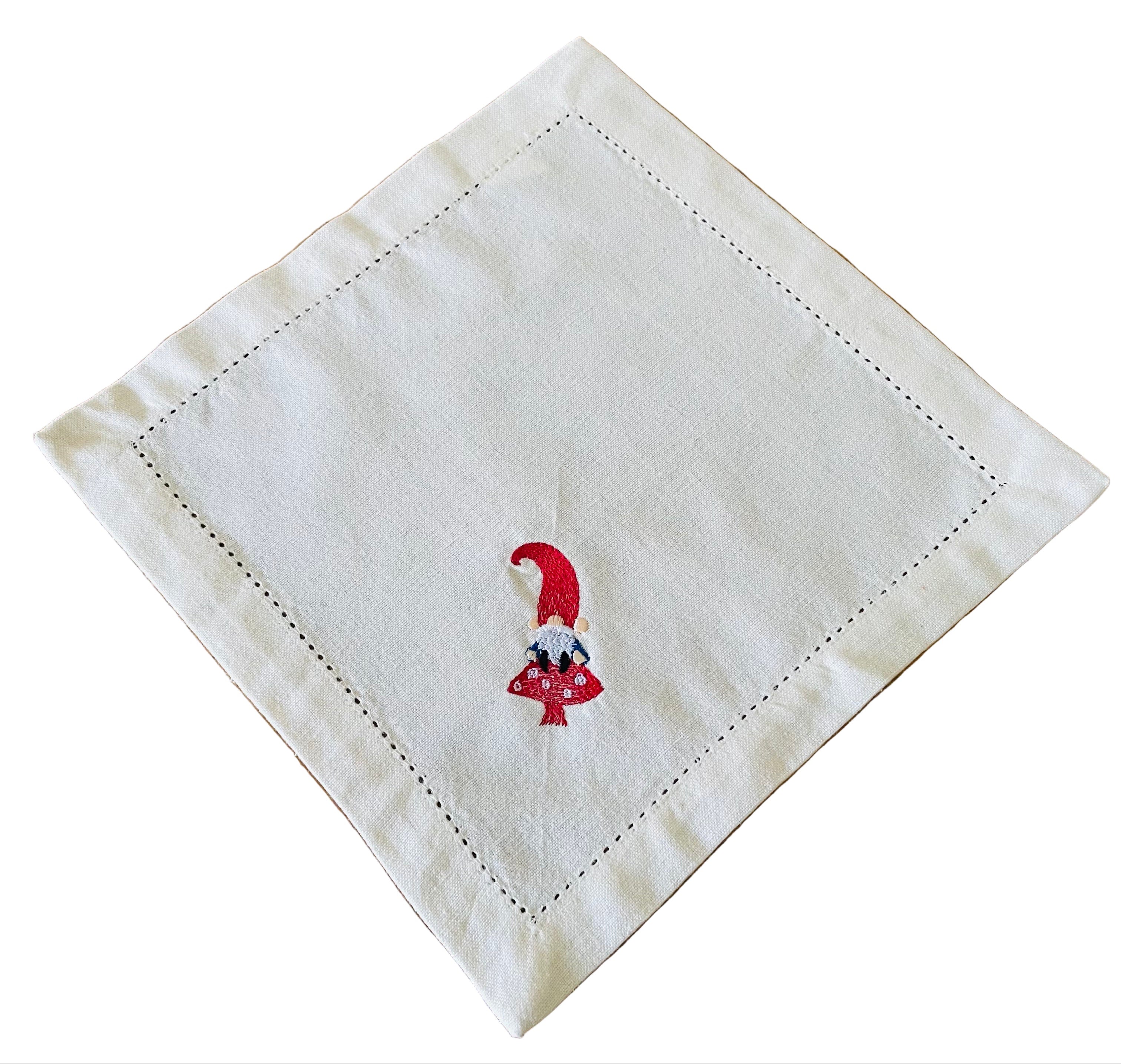 Small Square Doily Embroidered Gnome on Mushroom – Gift Chalet