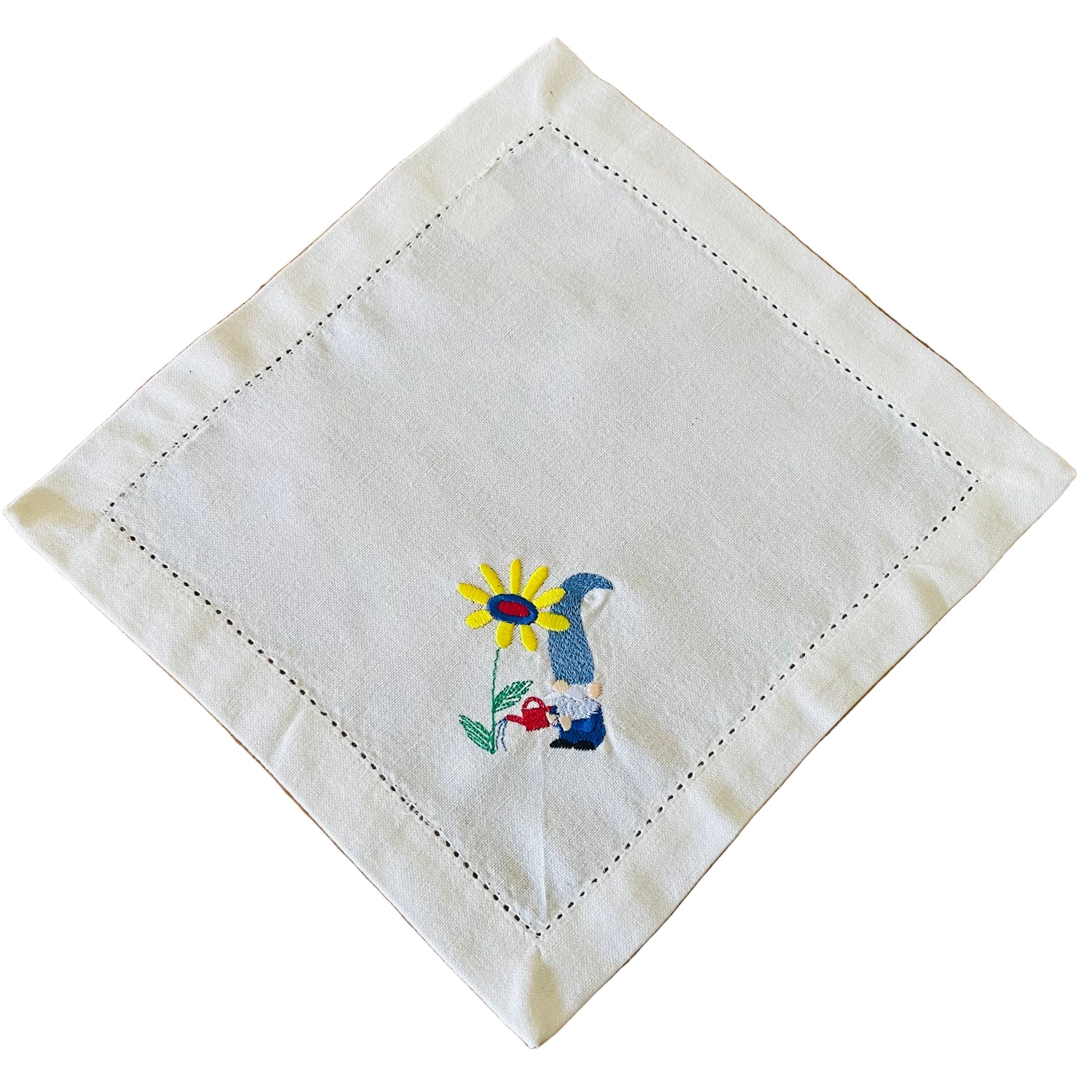 Small Square Doily Embroidered Gnome watering flower – Gift Chalet