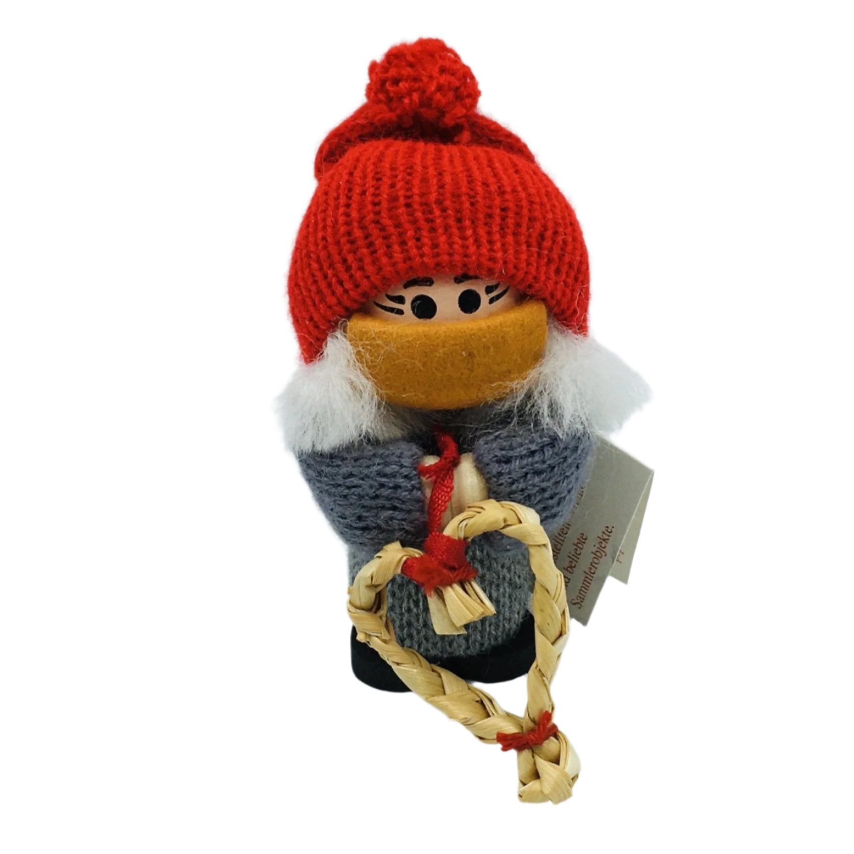 Swedish tomte girl with face mask holding straw heart – Gift Chalet